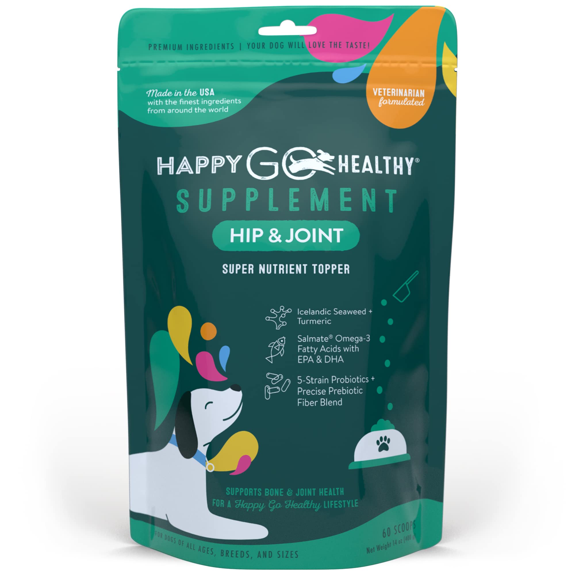 Happy Go Healthy Hip & Joint Supplements for Dogs | Helps Joint Health & Mobility Support for Recovering and Senior Dogs | Natural Ingredients, Tasty Kibble Dog Food Topper | 60-Count Pack