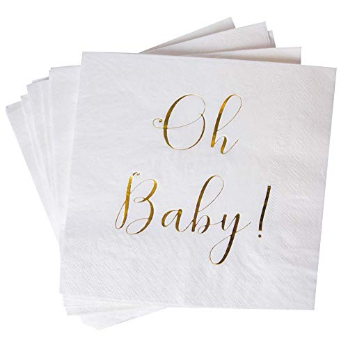 Baby Shower Napkins - 50 Pack White Disposable Paper Luncheon Cocktail Napkins with Gold Foil "Oh Baby!" Folded 6.5"x6.5" for Baby Shower Party