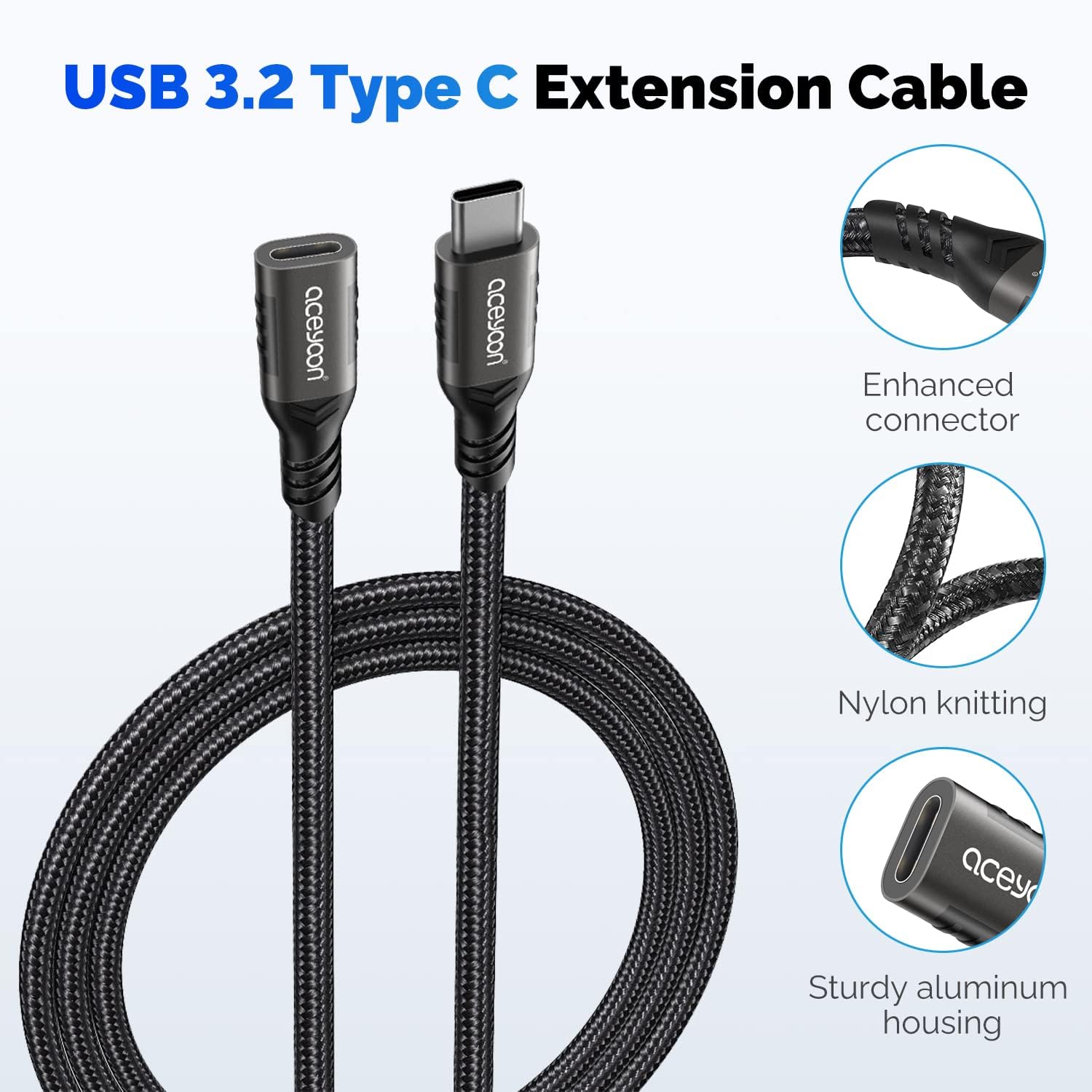 aceyoon USB C 100W Extension Cable 1.6ft, USB 3.1 Type C PD 10Gbps Male to Female Extender Support QC 3.0 Fast Charge and 4K@60Hz Video Sync Compatible for Dell, Galaxy S21, Pad/Pad Pro/Pad Mini/Mac