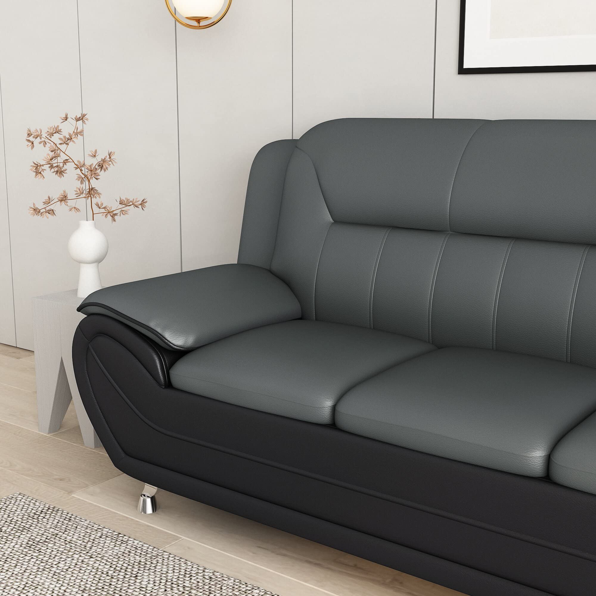 Container Furniture Direct Modern Style Faux Leather Sofa with Extra Comfortable Pillow Top Armrests Ideal for Living Room, Bedroom or Home Office Couch, 79.2ββ Wide, Grey/Black