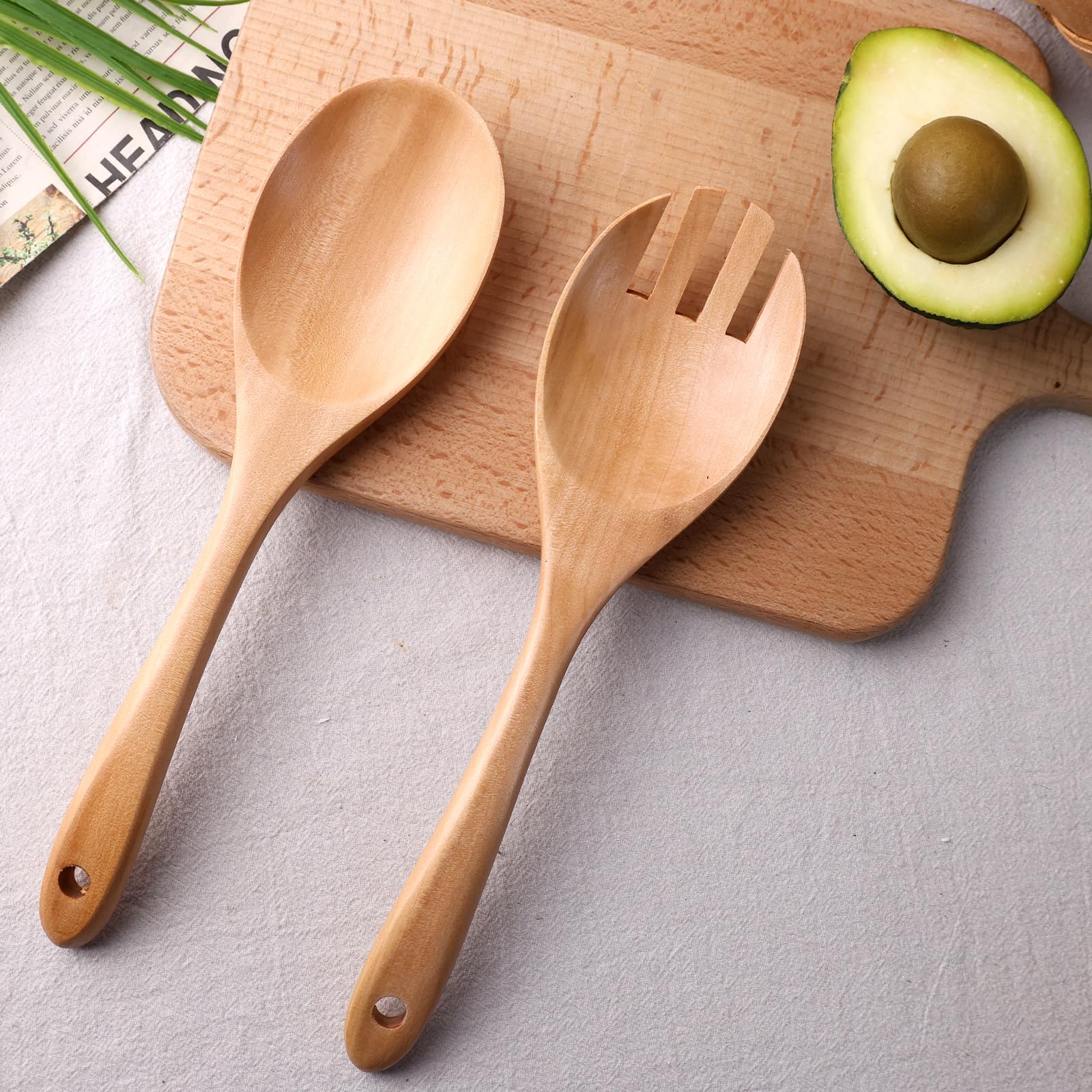 HAKSEN Wooden Salad Tongs, 10.7in Salad Servers Salad Spoon and Fork Set for Mixing, Tossing and Cooking