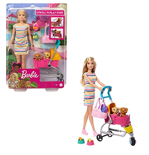 Barbie Dogwalking Doll & Accessories, Stroll & Play Pups Playset with Transforming Stroller, 2 Pets & Handbag, Blonde Doll