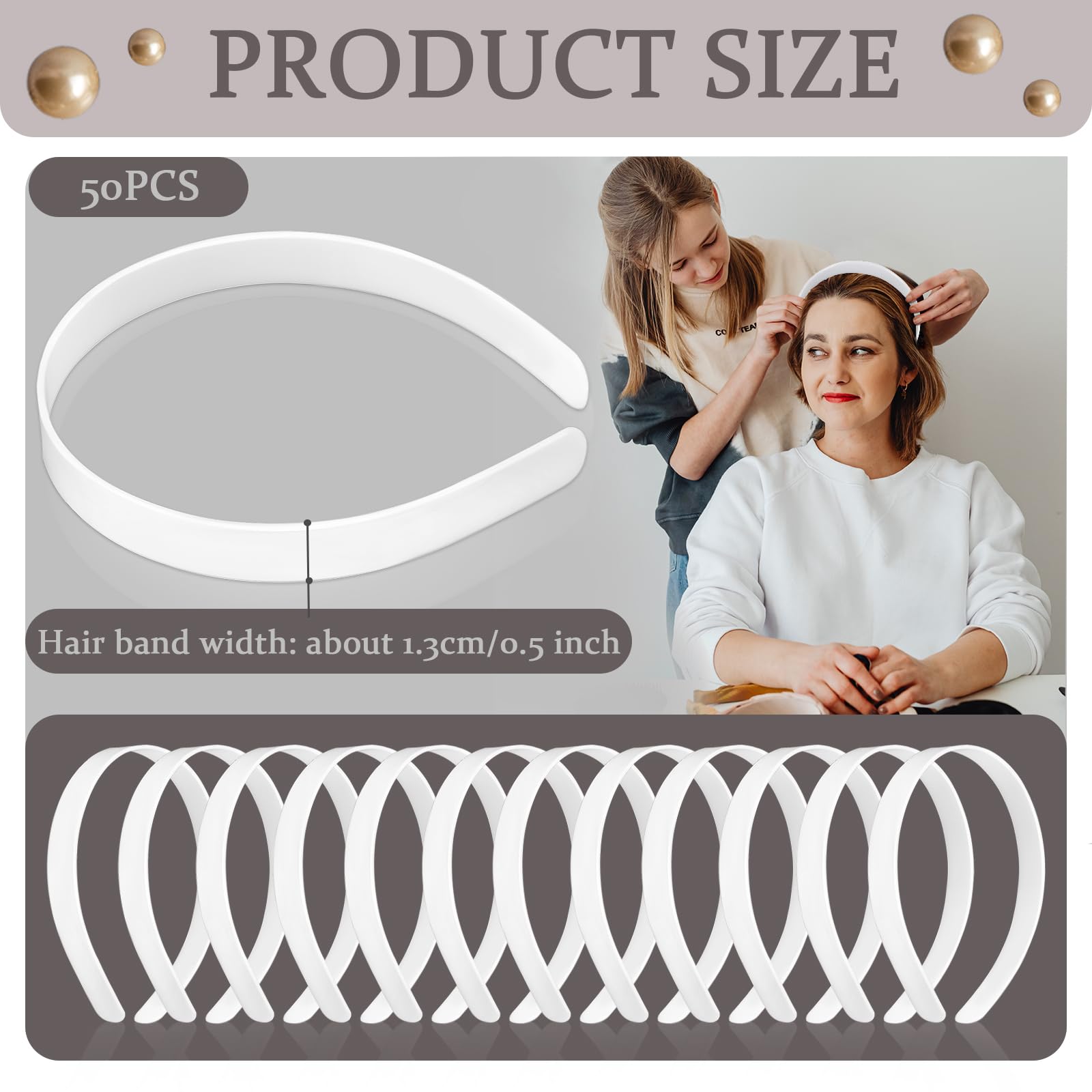 50PCS Amersumer 1/2" Girls Plain No Teeth DIY Plastic Headbands Headwear Hair Accessories (Black) (WHITE)