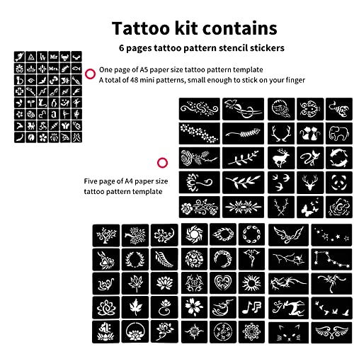6 Pages Total 110 Tattoo Pattern Stickers Stencils，6 Pcs 3 Color Temporary Tattoo Kit，3 Bottles, 12 Nozzles, Blcak, Red, Brown