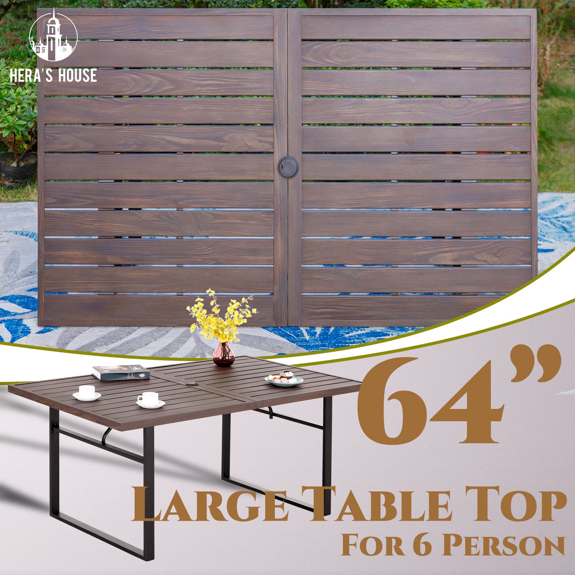HERA'S HOUSE 7 Pieces Patio Dining Set, Table and Chairs Set for 6, 6 x Stackable Metal Chair, 1 x 64 Outdoor Metal Dining Table for Patio Lawn Garden Porch Deck