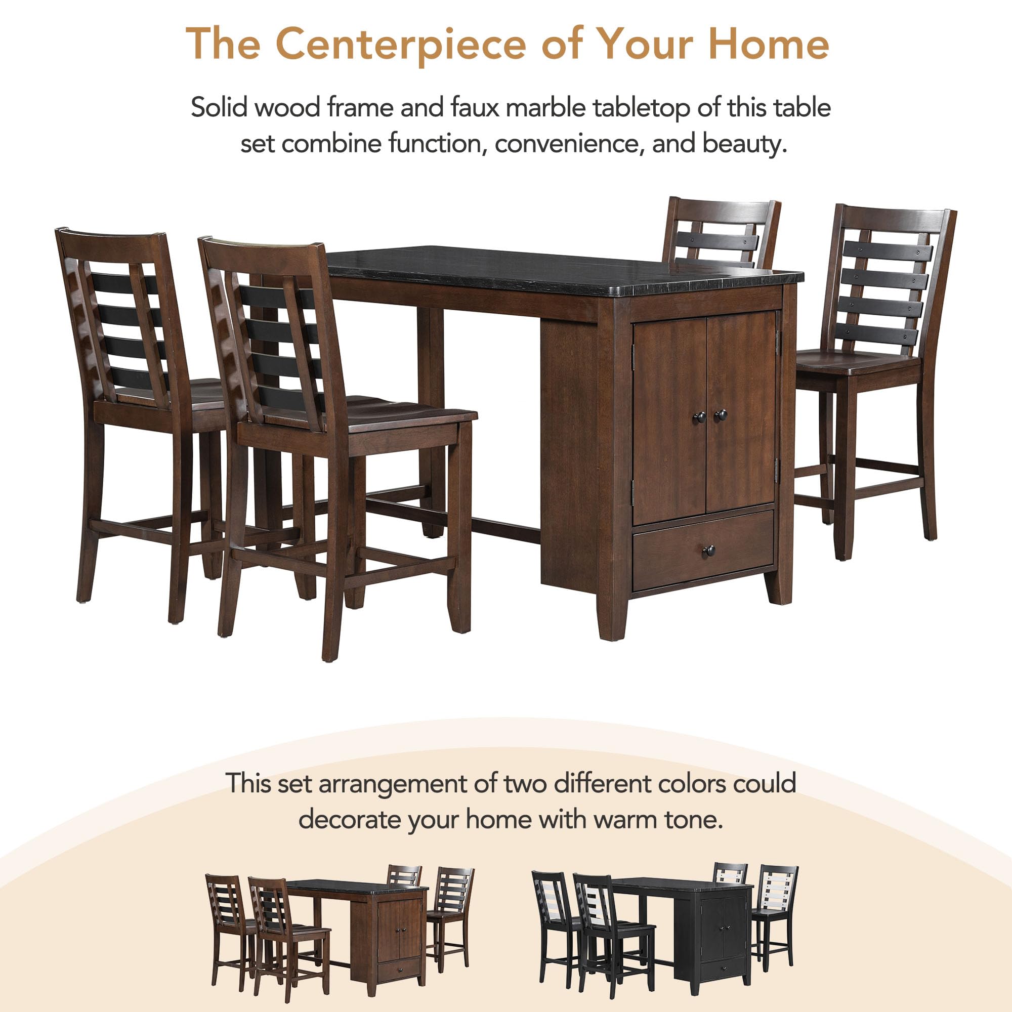 5-Piece Rectangular Dining Table Set with 4 Ergonomic Ladder Back Chairs, Side Cabinet for Storage and Faux Marble Tabletop, Kitchen Furniture w/ Lighter Trenches At Seat Top, for Family, Dark Walnut