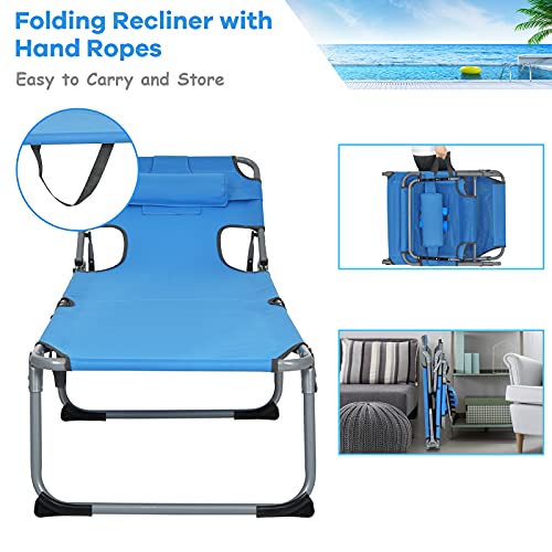 BANGTANE Tanning Chair, Lounge Chair for Outside, Portable Folding Beach Lounger w/ 5 Backrest Positions, Face Hole & Removable Pillow, 331LBS, Ideal for Poolside, Beach, Garden (Blue)