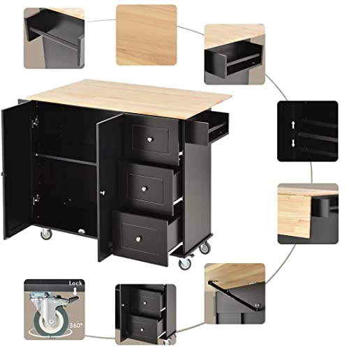 Ayvbir Kitchen Island On Wheels with Drop Leaf Black Rolling Kitchen Cart with Storage Cabinet Mobile Island Table w/ 2 Doors, 4 Drawers, Spice Rack & Towel Rack for Breakfast, Dining