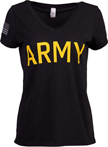 Army Women's V-Neck | U.S. Military Infantry Sleeve Flag Female Soldier T-Shirt Wife Mom Top, Black-(VneckBLK,L)