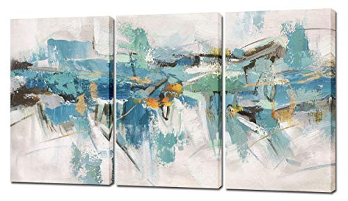 Yihui Arts 3 Piece Abstract Canvas Wall Art with Textured Light Blue Teal Color Painting Pictures Set with Gold Foil Artwork for Living Room Bedroom Bathroom Decor