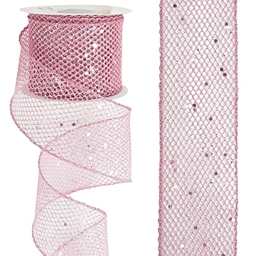 HUIHUANG Pink Glitter Wired Ribbon Web Mesh Ribbon Wired Metallic Sparkling Wire Edge Ribbon for Gift Wrapping Wreaths Making Christmas Tree Topper Bows Home Decor DIY Crafts -2.5" x 10 Yards