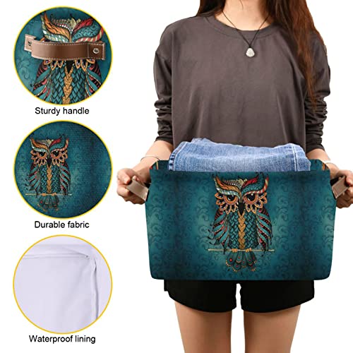 ALAZA Indian Owl Flower Ethnic Large Storage Basket with Handles Foldable Decorative 1 Pack Storage Bin Box for Organizing Living Room Shelves Office Closet Clothes