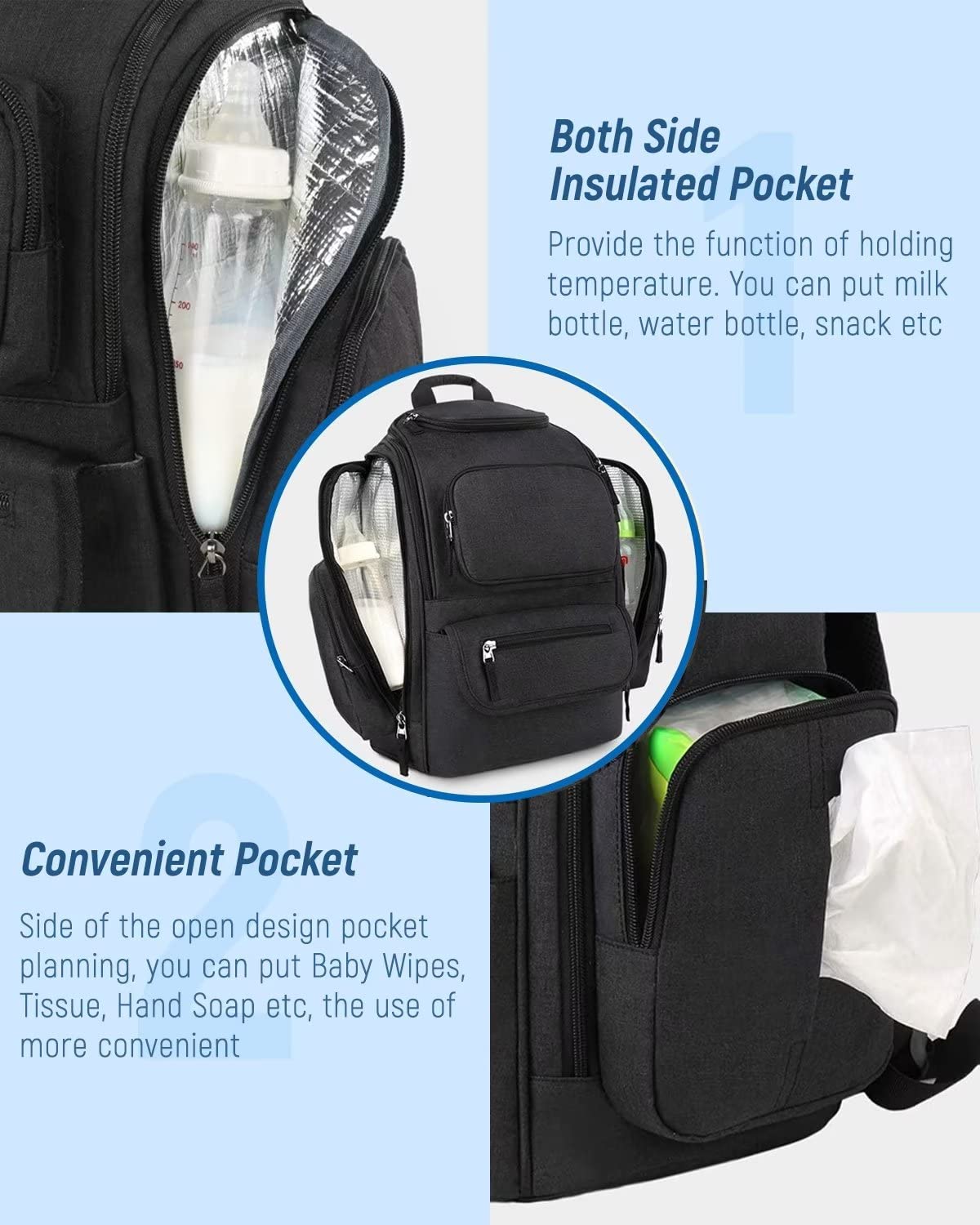 Mancro Diaper Bag Backpack, Multifunctional Dad Diaper Bag with 2 Side Insulated Pockets, Travel Water Resistant Baby Diaper Backpack for Men Women with Stroller Straps, Black