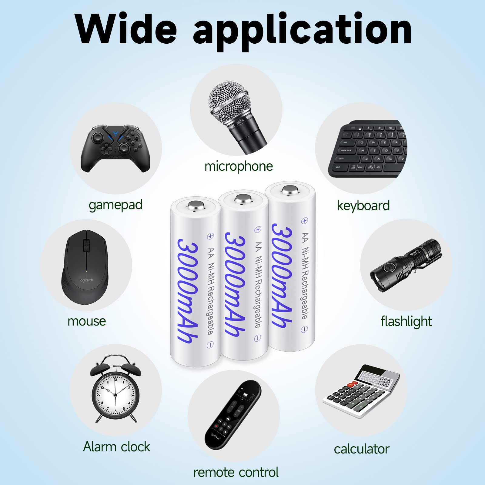 8 Pack High Capacity 3000mAh AA Rechargable Batteries,1.2V NiMH High Performance Pre-Charged Long Lasting Double A Battery