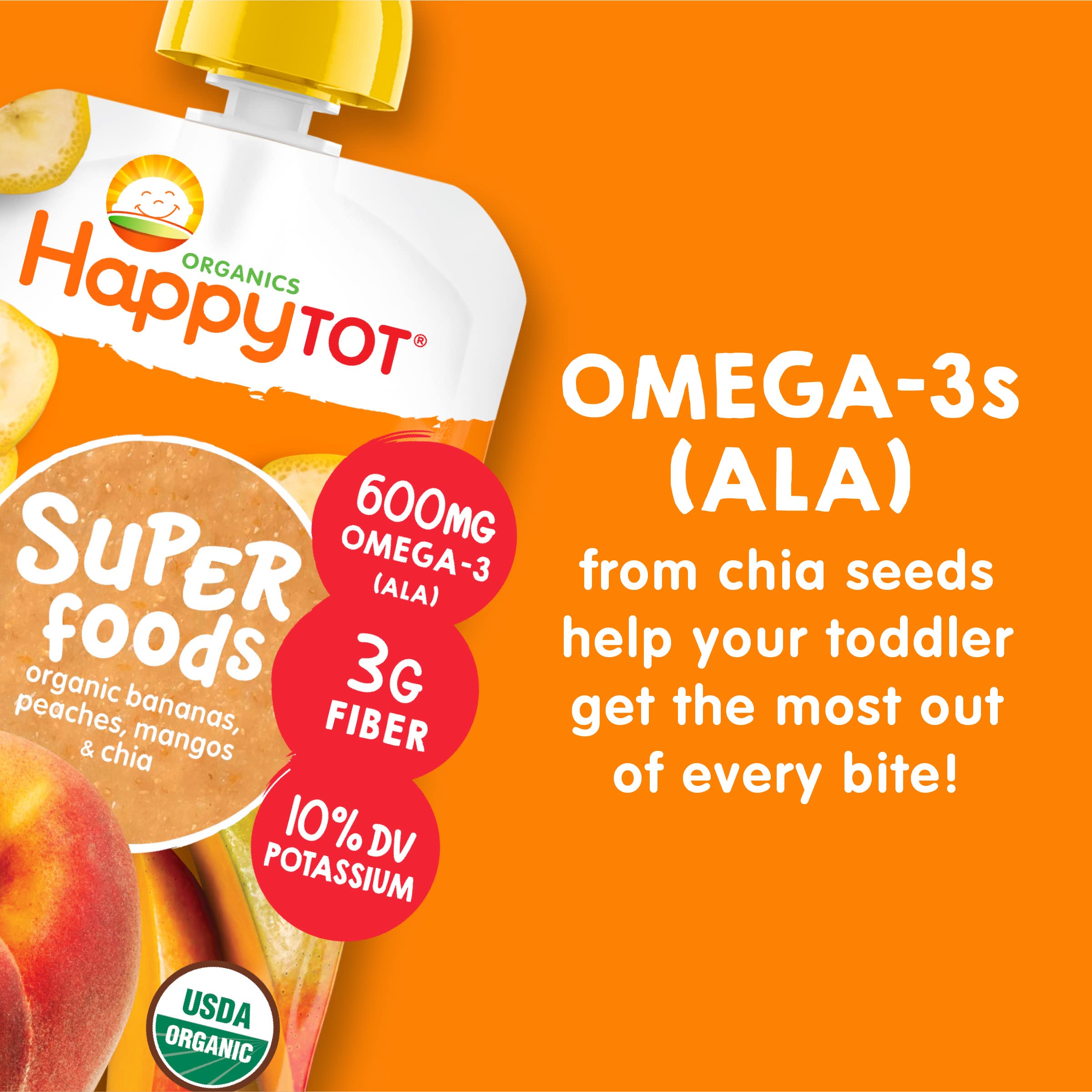Happy Tot Organic Stage 4 Super Foods, Bananas, Peaches & Mangos + Super Chia, 4.22 Ounce (Pack of 8)