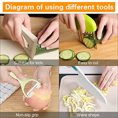 8 Pieces Kids Knife Set,Wooden Kids Kitchen Knives Set include 4 Plastic Toddler Safe Knives/Crinkle Cutter/Kids Cutting Board/Y-Peeler/Resistant Gloves for Cutting Veggies Fruit Cake Salad Bread