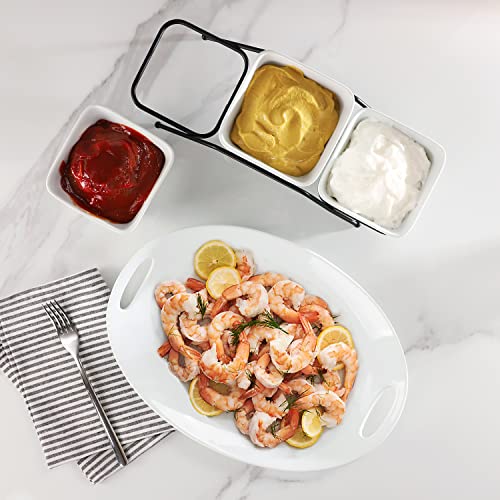 Buyajuju 3 pcs square bowl Porcelain Chip & Dip Serving Set with Black Metal Stand, 4.5inch White Small Serving Bowls for Side Dishes, Salsa, Appetizer, Serving Dishes for Entertaining
