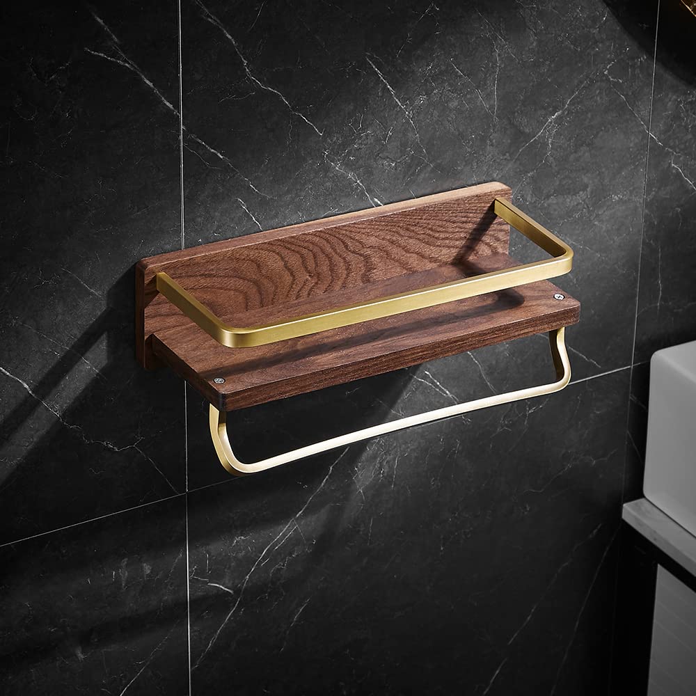 NEWRAIN Shower Rack, Wood Shower Shelves with Towel Holders for Kitchen Toilet Bathroom Shelves Shower Storage Organizer Wall Mounted