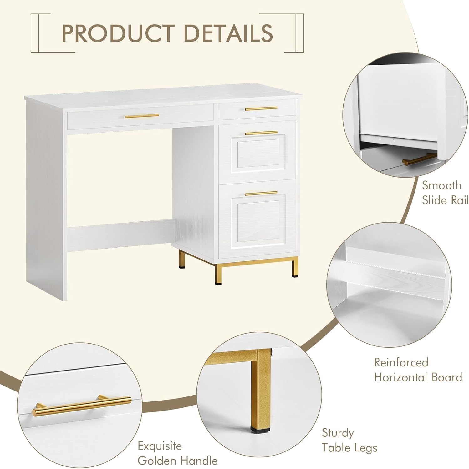 4 EVER WINNER Small Desk with Drawers and Golden Handles, 43" White Desk with Drawers, Wood Writing Study Table with Storage, White and Gold Desk for Small Spaces, White