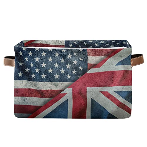 ALAZA Vintage American British Flag Striped Large Storage Baskets with Handles Foldable Decorative 2 Pack Storage Bins Boxes for Organizing Living Room Shelves Office Closet Clothes