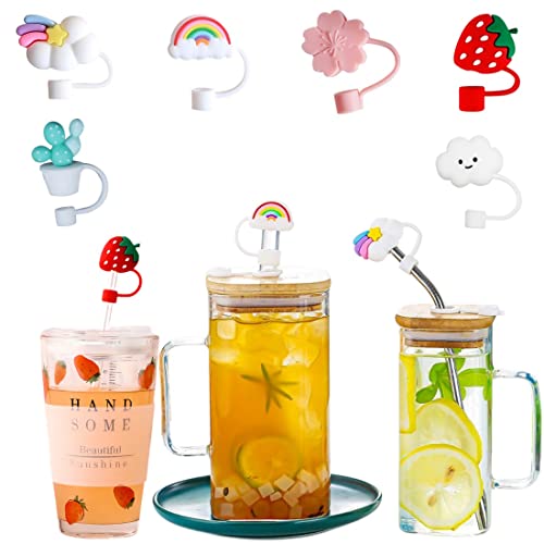6pcs Straw Cover Cap Reusable Silicone Straw Toppers - Cute Dust-Proof Drinking Straw Tips Lids for 6-8mm Straws - Strawberry, Rainbow, Cloud, Cactus, Pink Sakura (straw covers cap 6 in 1)