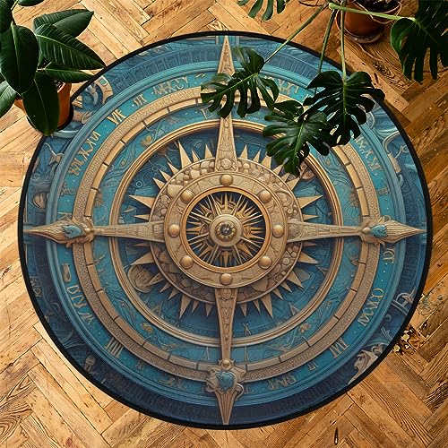 Blue Compass Rose Round Rug 5ft, Round Area Rug Ocean Nautical Non-Slip Circle Rug Indoor Floor Mat Carpet for Bedroom Living Room Kitchen Decor, 5' x 5' Round