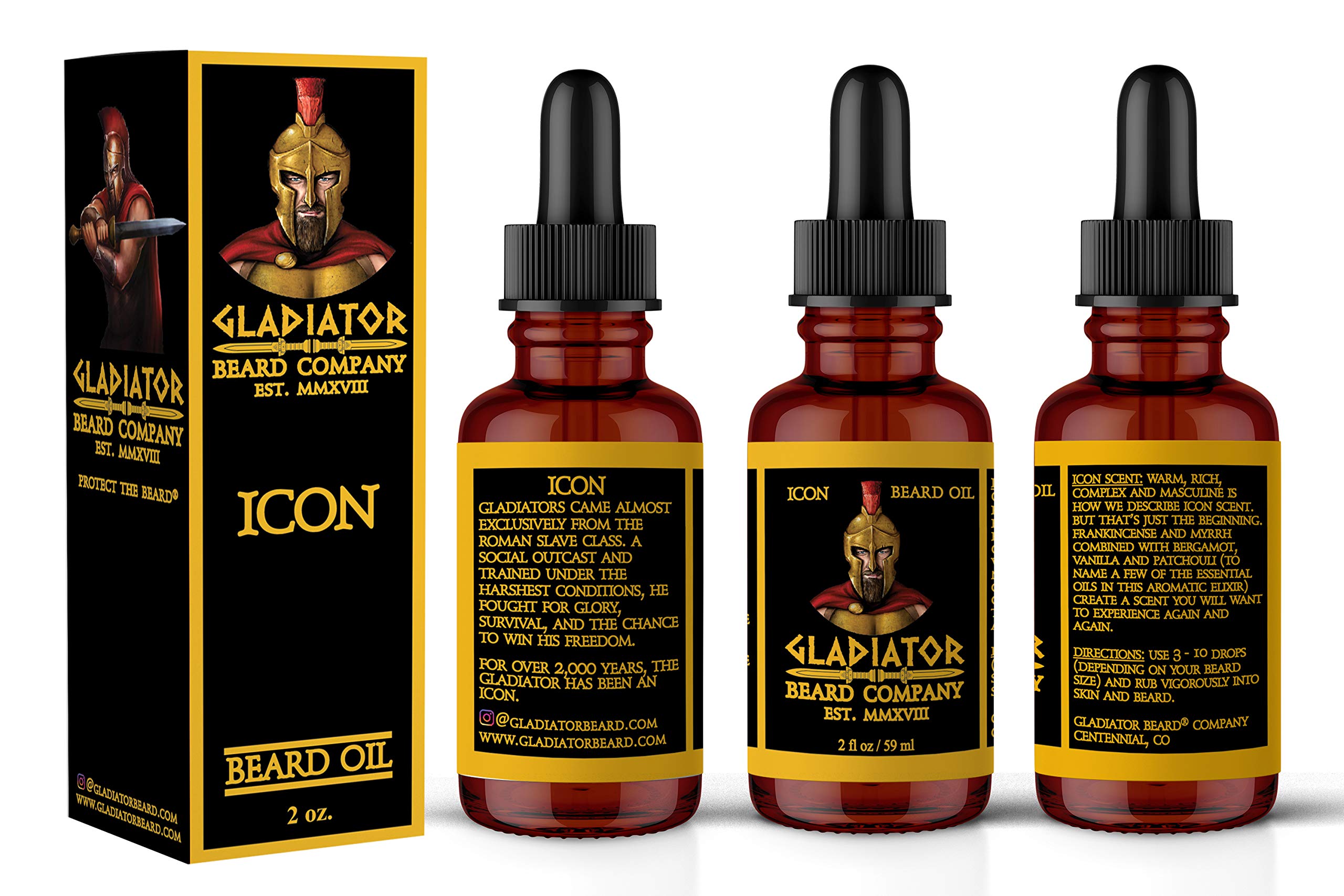 Gladiator Beard™ Oil (2 oz.) – Icon Scent – Ultra-Conditioning Formula with 9 All-Natural Carrier Oils Rich in Vitamin E to Soften and Strengthen Your Beard - Made in the USA