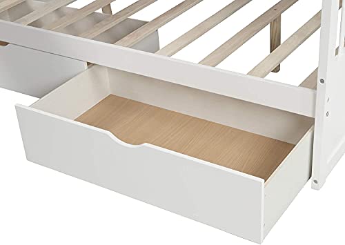 ATH-S Twin Over Full Bunk Bed with Slide, Twin Over Full Bunk Bed with Storage Drawers and Stairscase, Wood Bunk Bed Frame with Guardrails for Kids Boys Girls Teens Adults, No Box Spring Needed, White