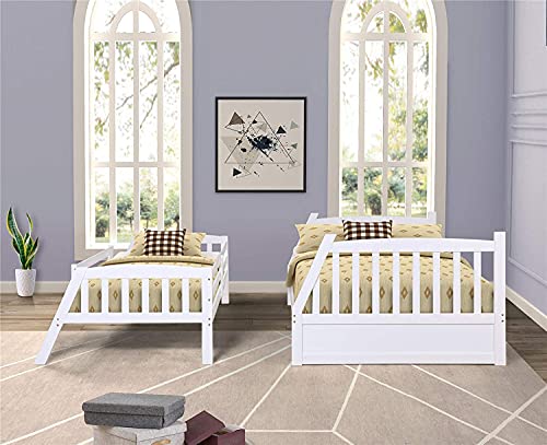 ATH-S Twin Over Twin Bunk Bed for Boys Girls Teens Adults, Solid Wood Bunk Bed Frame with Trundle and Drawers, No Box Spring Needed, White (Color : White with Drawers, Size : Twin Over Full)