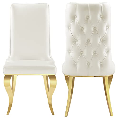 AZhome Dining Chairs, White Faux Leather Upholstered Dining Room Chairs in Button-Tufted Back, Dining Chairs with Gold Legs for Kitchen Dining Room, Set of 2