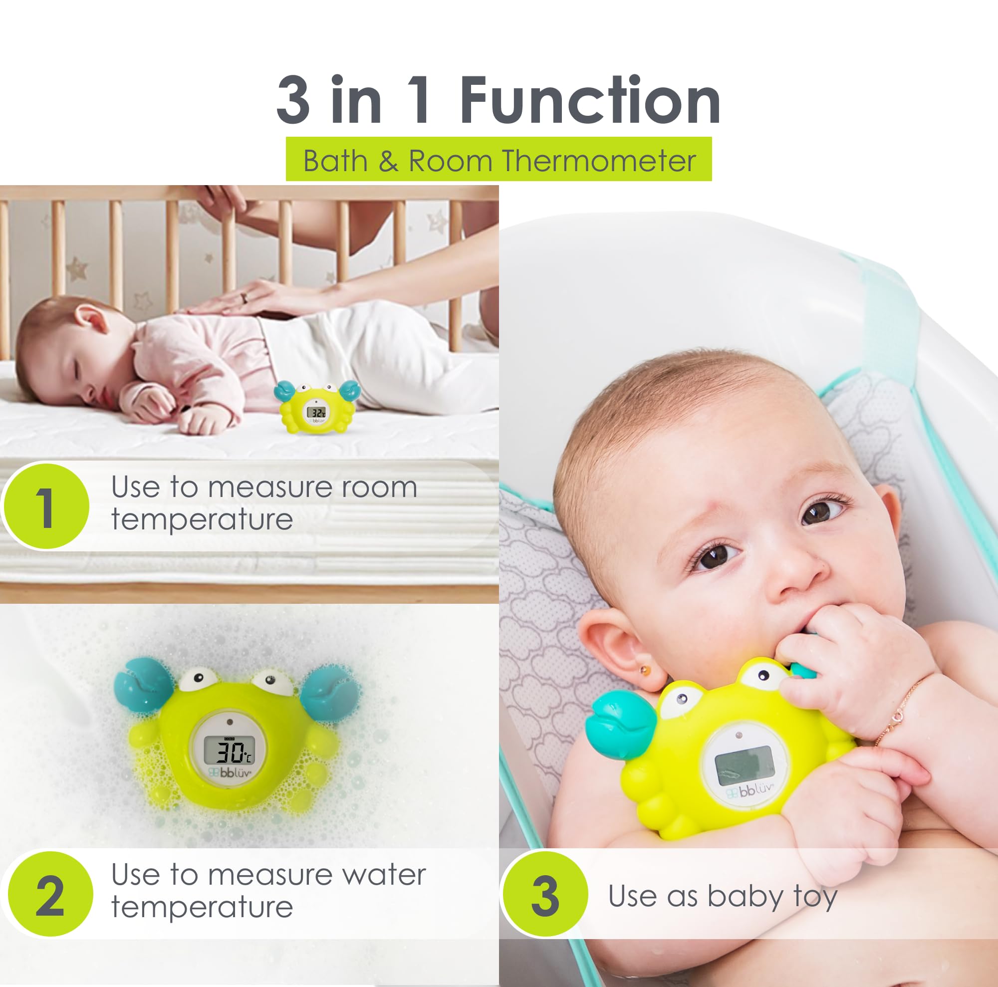 bblüv Kräb | 3-in-1 | Baby Bath Thermometer | Floating Baby Water Thermometer & Room Thermometer | Bathtime Toy for Accurate Celsius Measurement