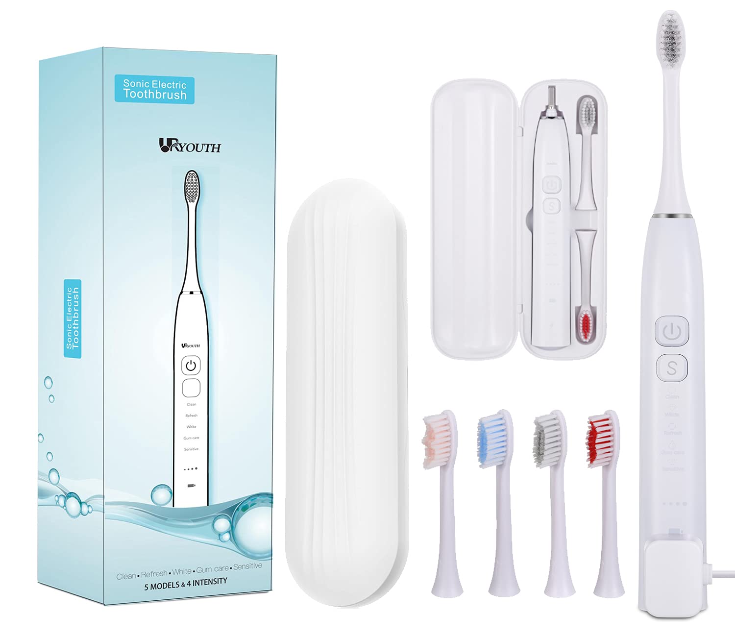 URYOUTH Ultra Whitening Toothbrush - 5 Brush Heads & Travel Case (White)