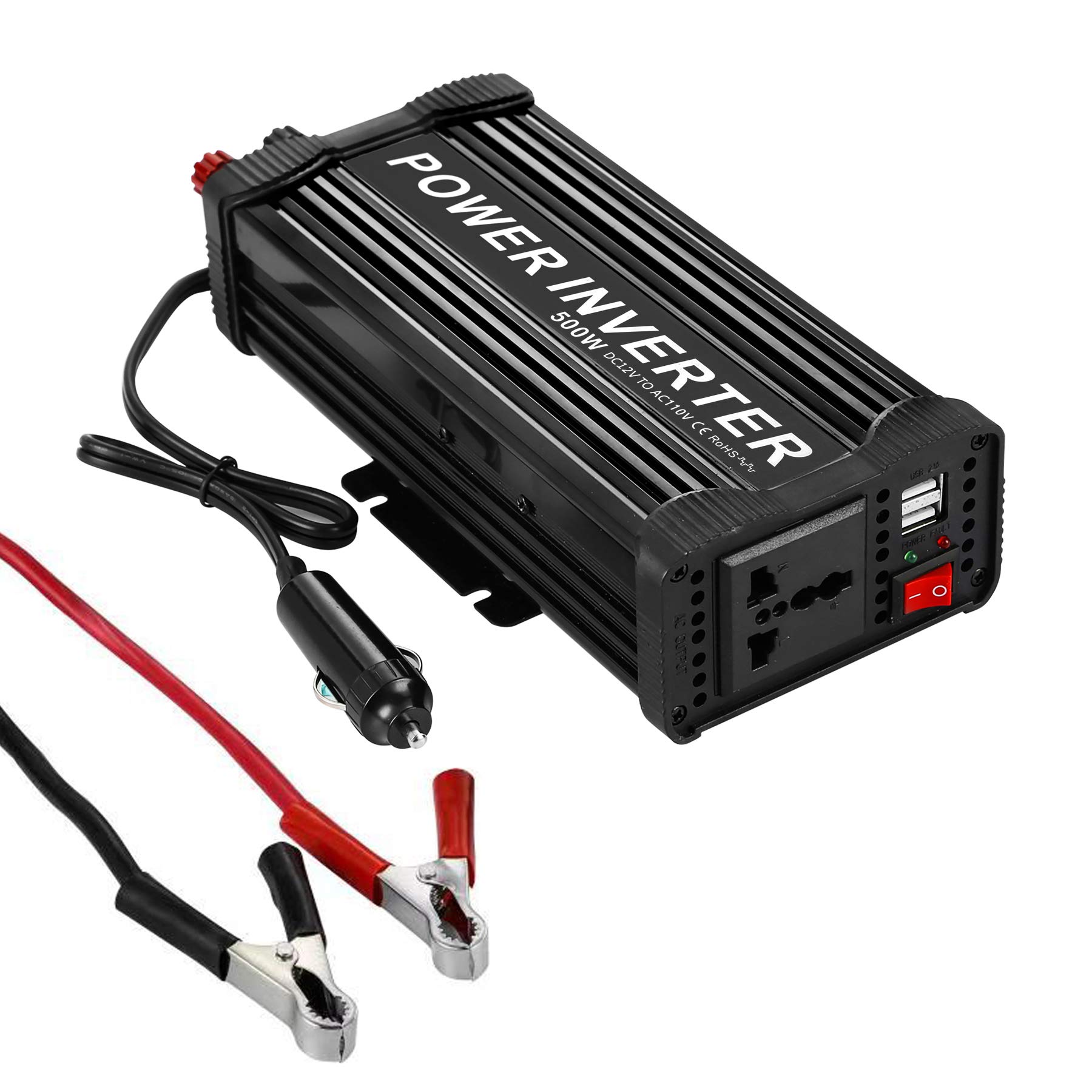 500W Power Inverter DC 12V to AC 110V Converter with 2.1A Dual USB Fast Charging Ports,Car Outlet Adapter Charger Plug Converter with Cigarette Lighter,Alligator Battery Clamp