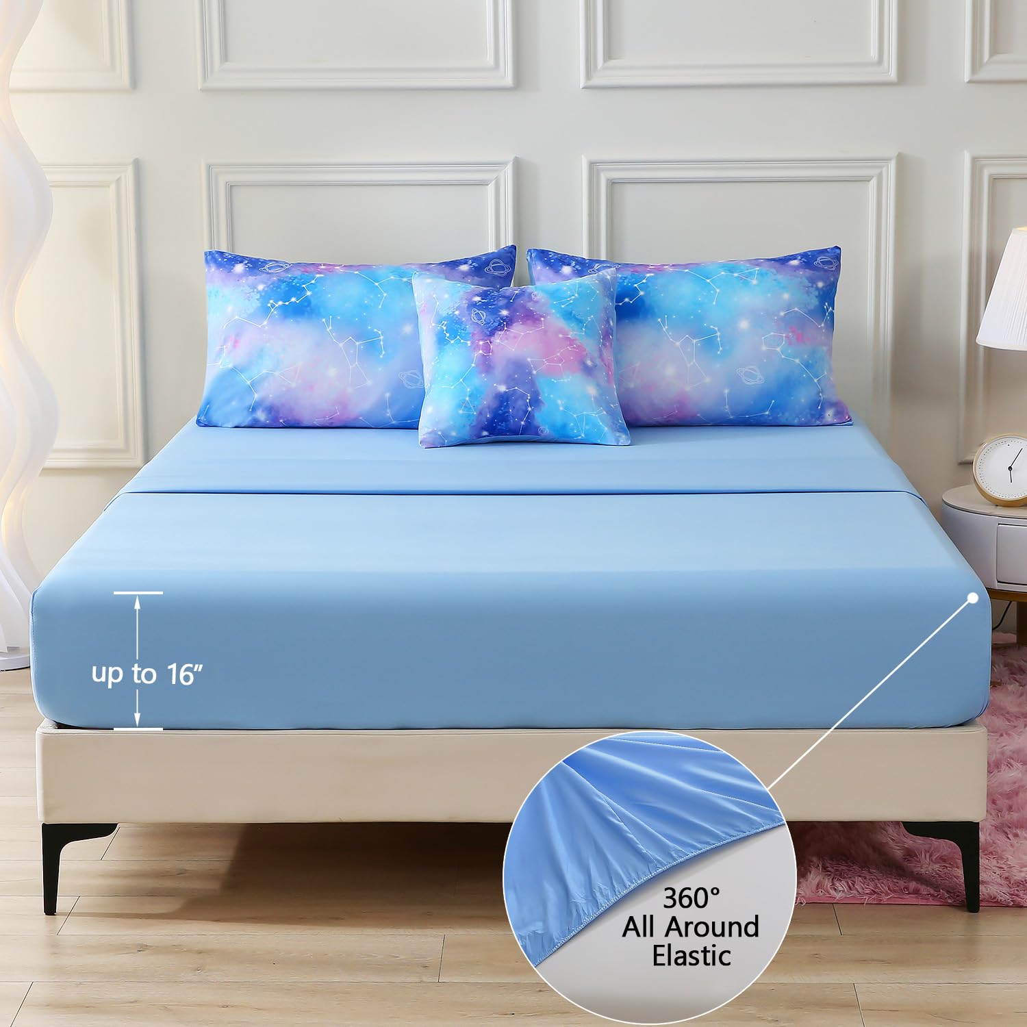 Keyroal Galaxy Constellation Print Comforter Set Twin Size Girls Gradient Bedding Set,6 Piece Bed in a Bag with Sheet Bedding Gift for Kids(Blue)