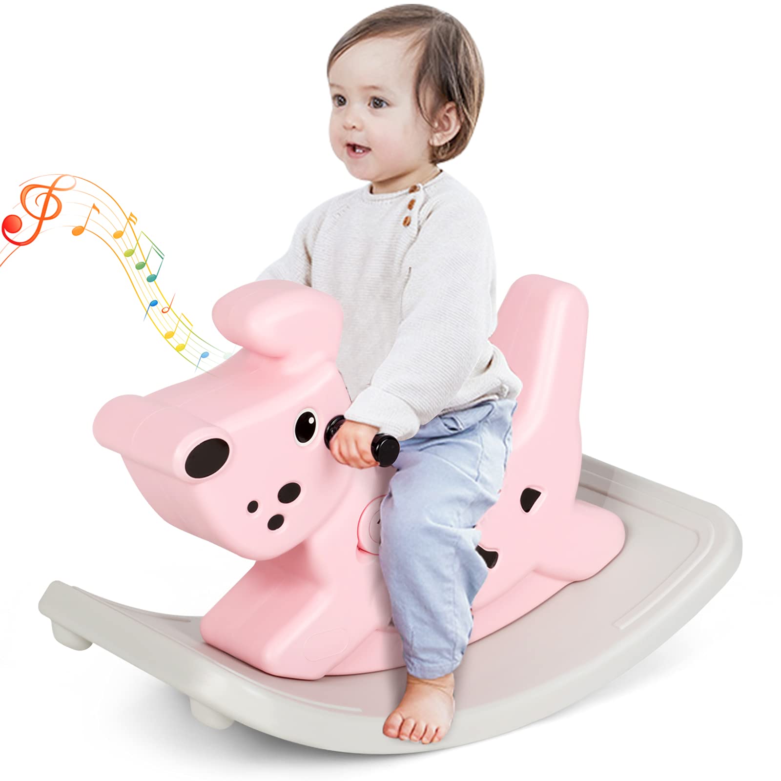 BABY JOY Kids Rocking Horse,Ride-on Horse for Toddlers with Music & Lights, HDEP Ride Animal Dog Rocker for Indoor & Outdoor,Boys & Girls Rocking Toy for Age 6 Mons Up (Pink)