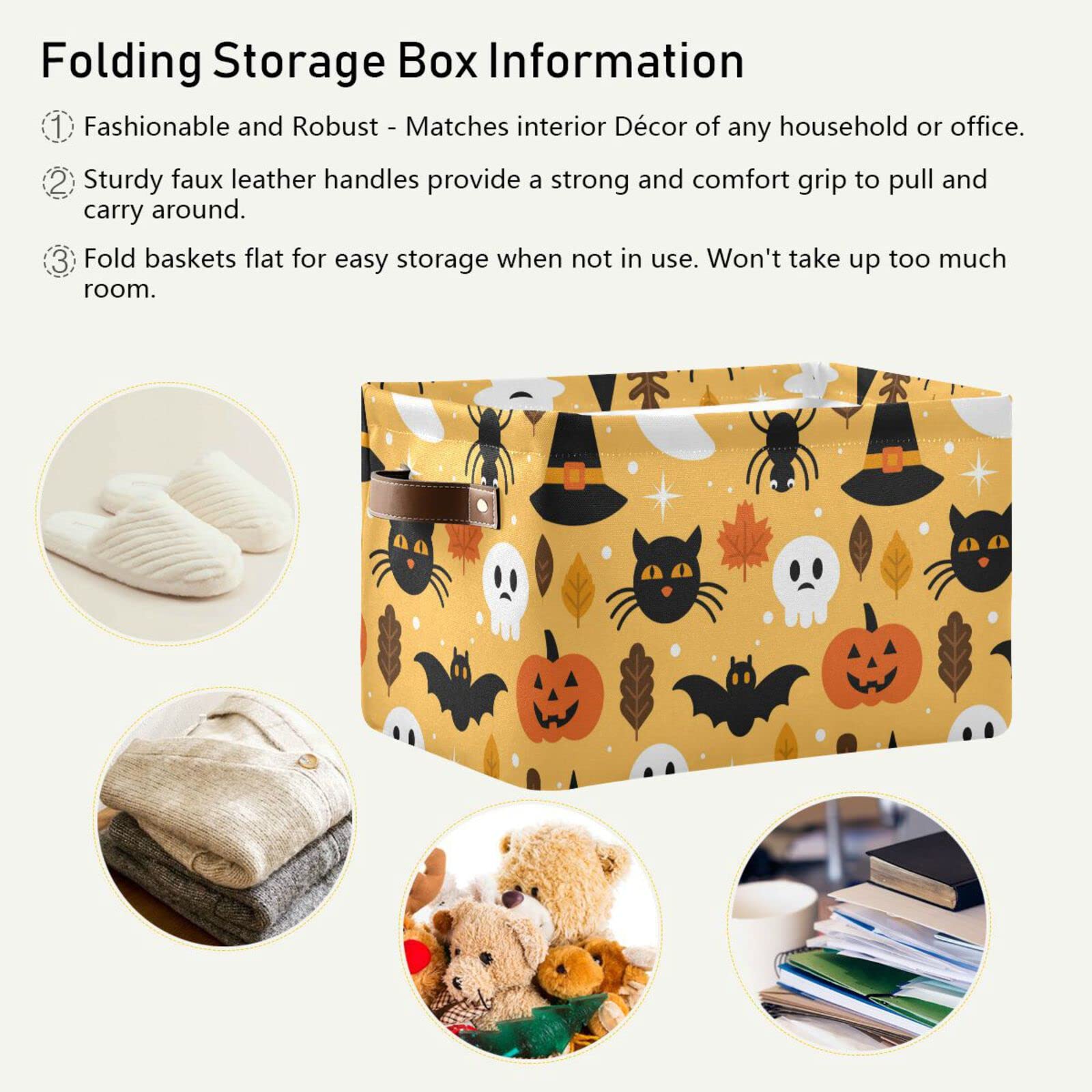 Large Foldable Storage Basket Halloween Spooky Skull Pumpkin Black Cat Storage Bin Canvas Toys Box Fabric Decorative Collapsible Organizer Bag with Handles for Bedroom Home