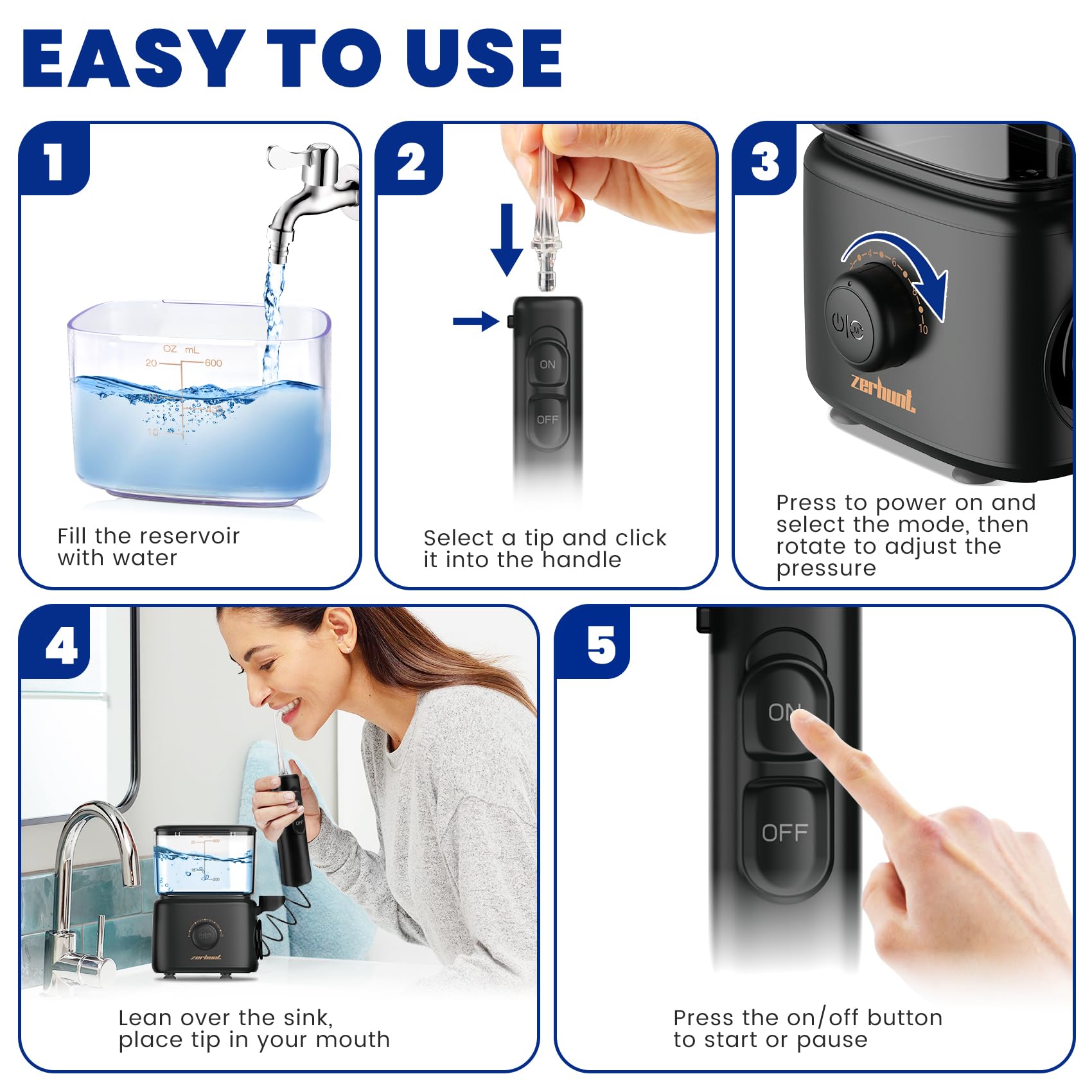 Dental Water Flosser Teeth Cleaner - Zerhunt High Frequency Pulsed Water Flosser Electric Oral Irrigator with 5 Interchangeable Nozzles for Braces, Implants, Bridges, 600ML Large Capacity Black