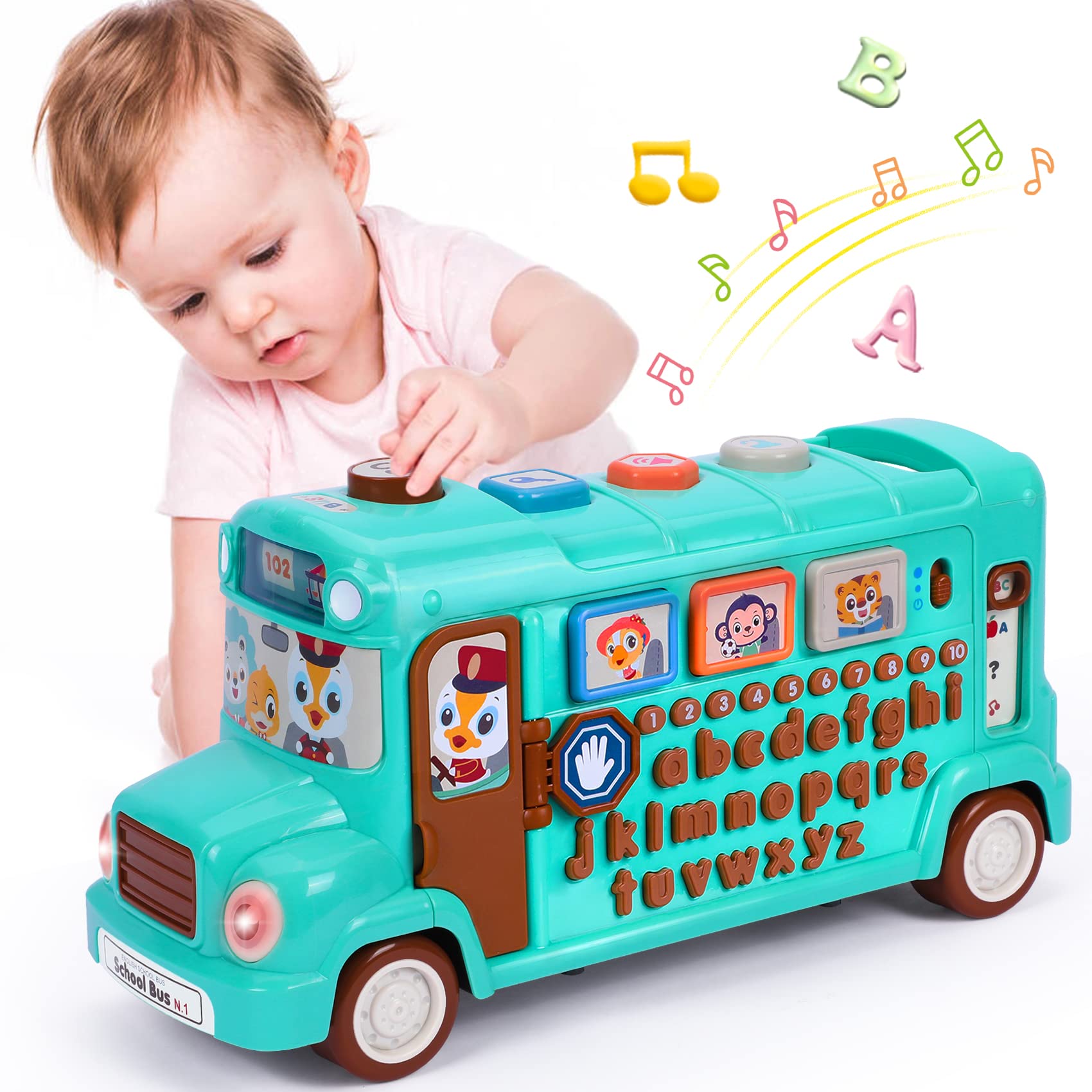 Baby Music Toy 12-18 Months Toddler School Bus Learning Toys for 1 Year Old Boys Girls Learn Alphabet, Number and Vocabulary Educational Light-Up Musical Toy Xmas Birthday Gift Toy for 1 2 3 Year Old