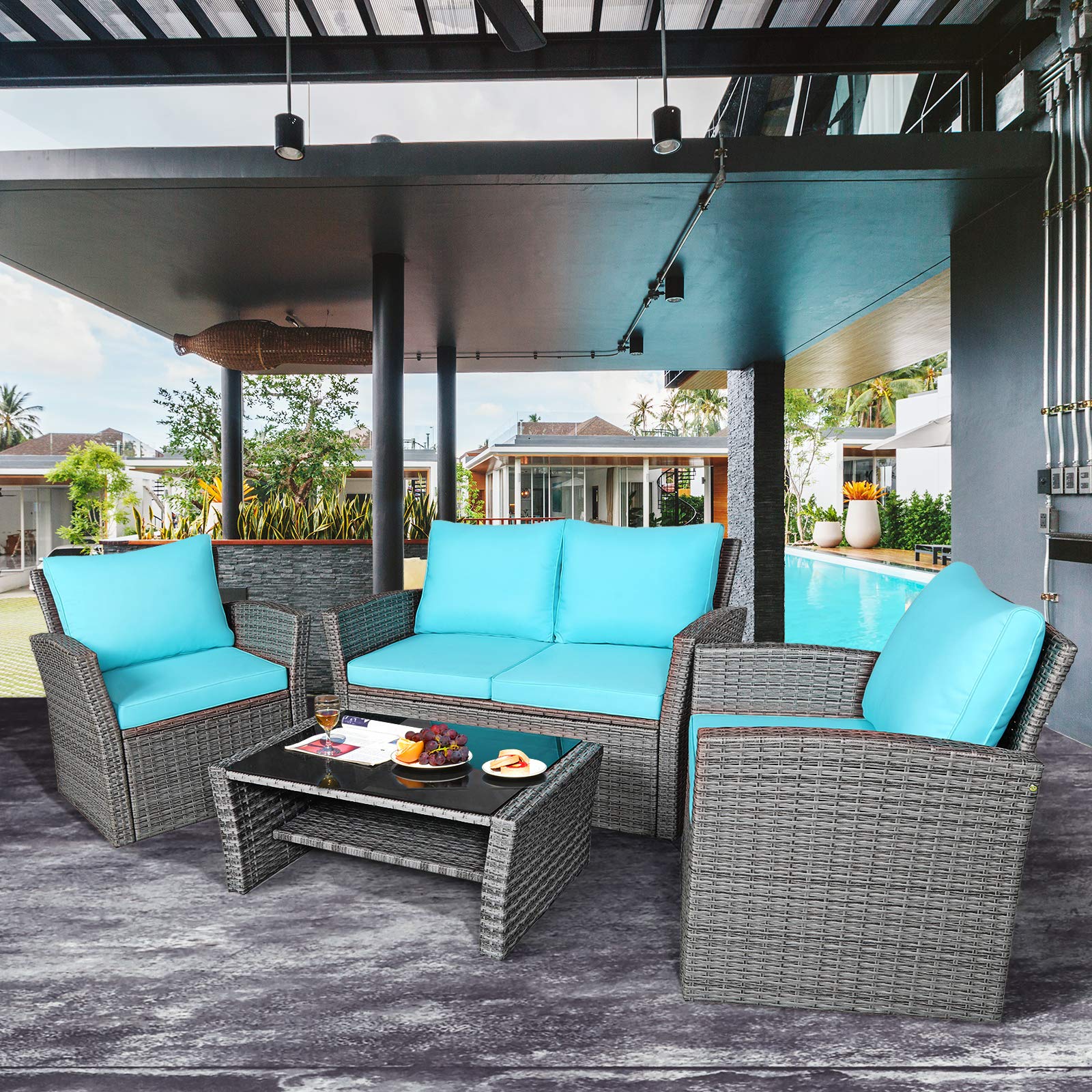 Tangkula 4 Pieces Patio Furniture Set, All Weather Outdoor Sectional Rattan Sofa Set with Cushions & Tempered Glass Table, Wicker Conversation Couch Set for Backyard Garden Poolside (Turquoise)