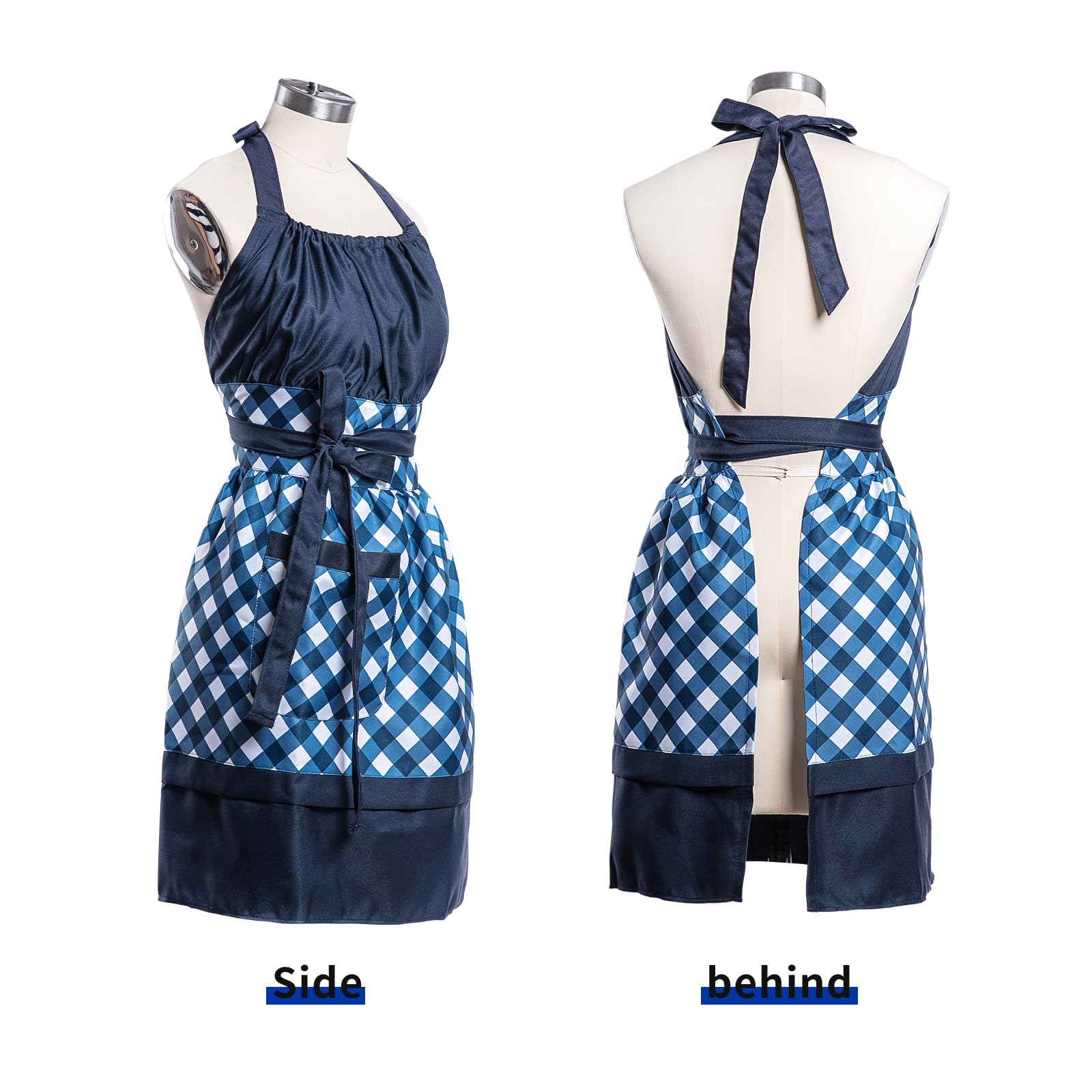 Alex Virtue Lovely Flower Pattern Retro Aprons With Large Pockets for Women Girls Cooking Kitchen Bakery Mother's Gift (Blue Plaid)