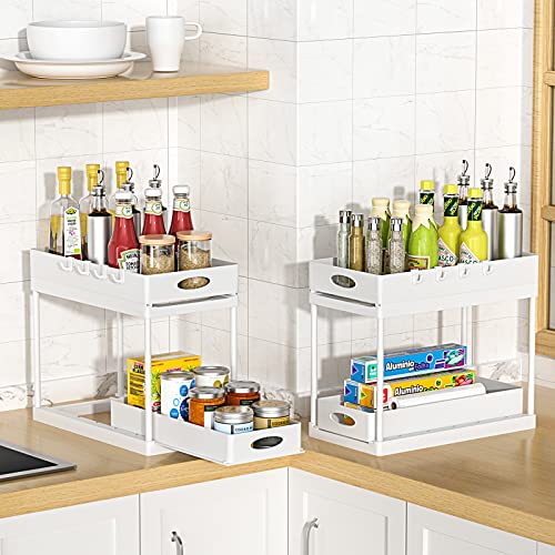 Aojia Under Sink Organizer with 2 Sliding Drawers, Bathroom Organizer Under Cabinet, Pull-out Under Sink Storage,Under Cabinet Storage for Kitchen and Bathroom