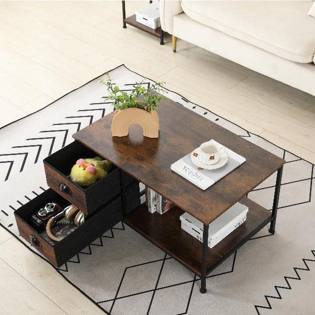 SENIG Coffee Table with Drawers, Coffee Table for Living Room, 2-Tier Coffee Tables with Storage Drawers,Brown Coffee Tables for Small Spaces, Rectangle Wood Ttable, Metal Side End Table