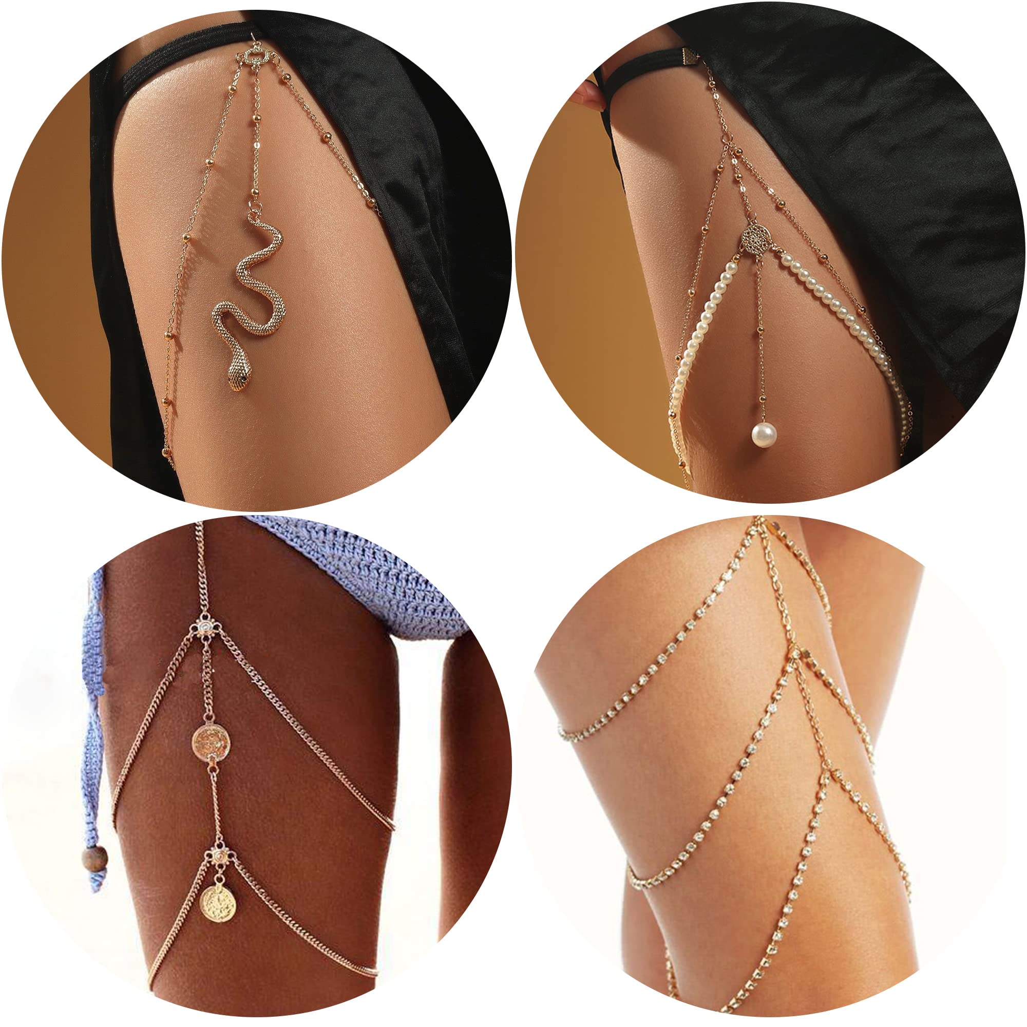 4Pcs Leg Chain Jewelry for Women Snake Charm Thigh Chain For Womens Leg Chain Boho Body Chain for Beach Summer Holiday