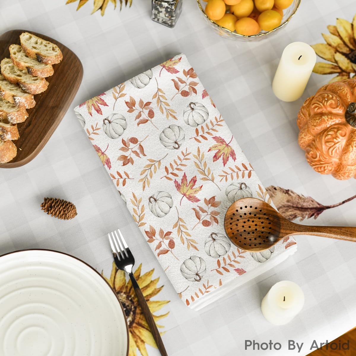 Artoid Mode Orange Leaves Pumpkin Fall Kitchen Towels Dish Towels, 18x26 Inch Farmhouse Decoration Hand Towels Set of 2
