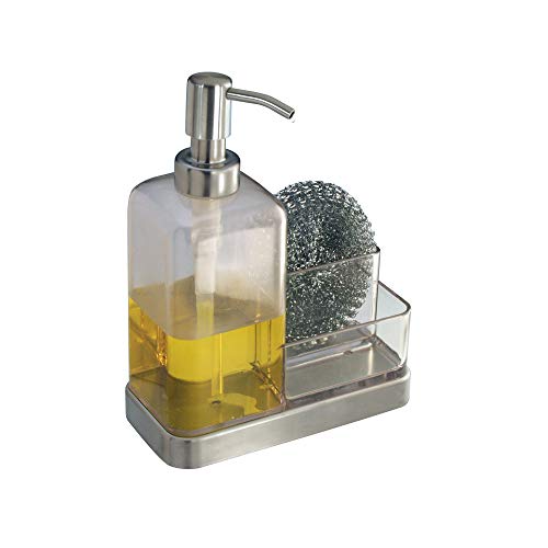iDesign 67080 Forma Plastic Soap Pump with Caddy, Dispenser with Storage Compartment for Bathroom, Kitchen Countertops, Sinks, Set of 1, Stainless