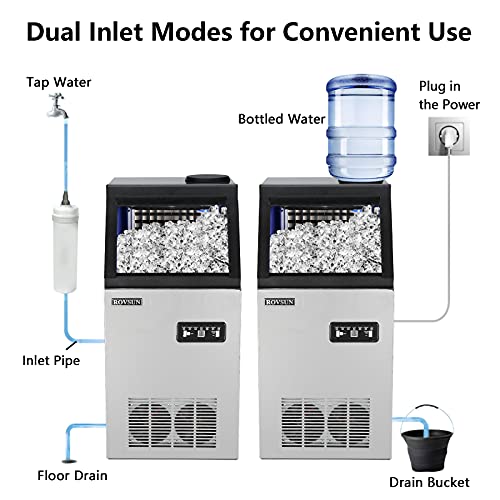 ROVSUN Commercial Ice Maker 110lbs/24h Automatic Built-in Stainless Steel Under Counter/Portable Freestanding for Restaurant Bar with 24lbs Storage, Connection Hoses & Ice Scoop