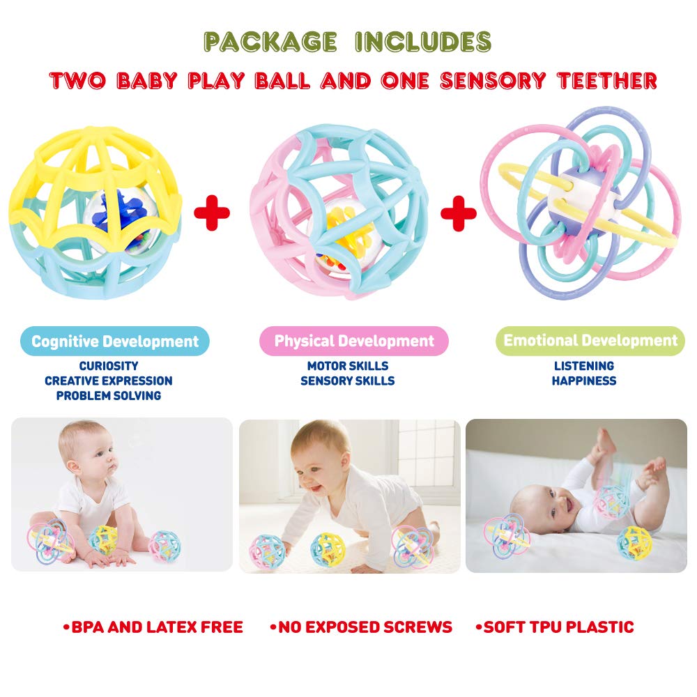 Baby Play Ball and Sensory Teether. Two Outer Plus 2 Inner Balls. Rattles and Rolls for Double The Fun. Ages 0 Month to 4 Years