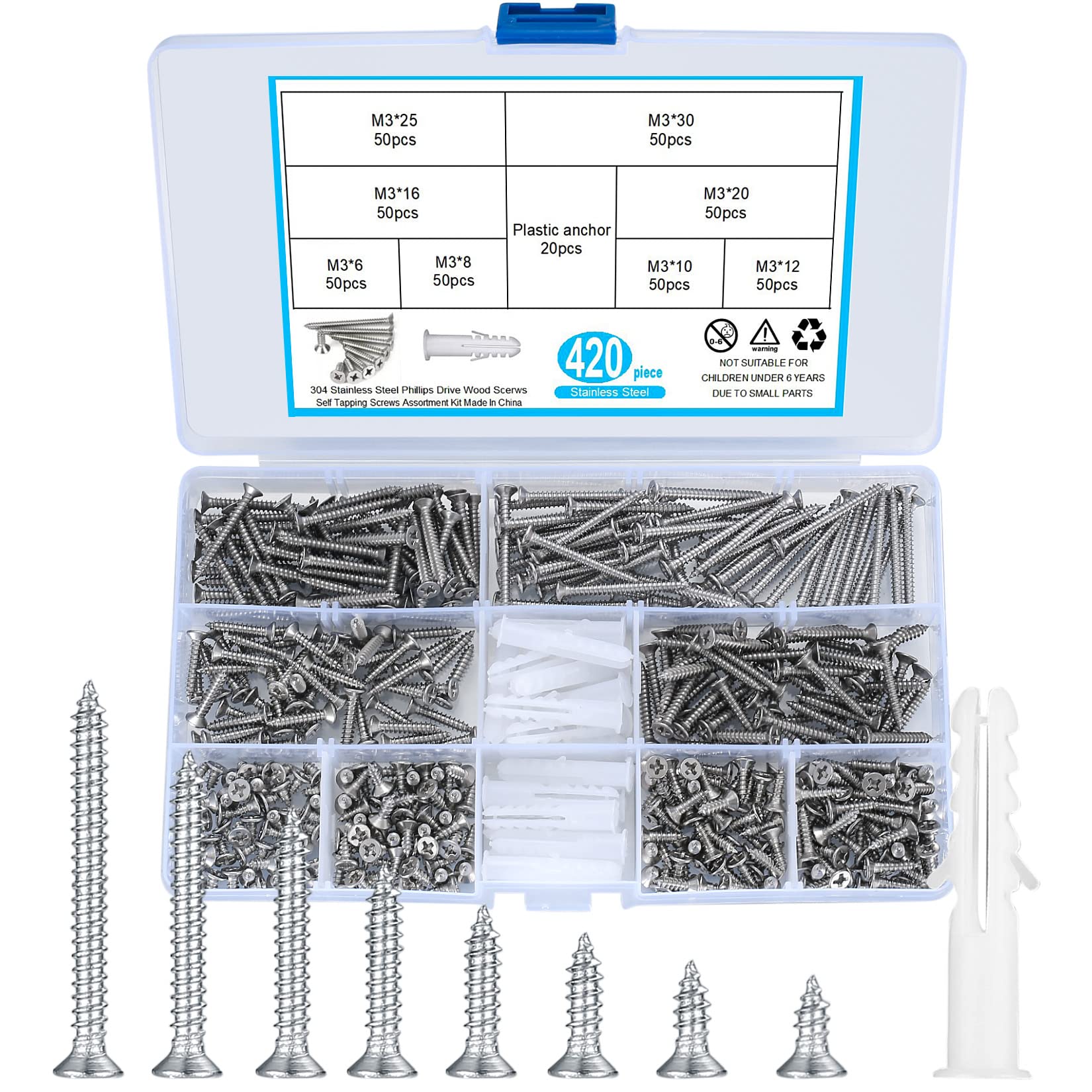 420 Pcs M3 Self Tapping Wood Screws Assortment Kit, Silver Flat Head Wood Screws Fasteners Set, Phillips Drive Countersunk Head Cabinet Drywall Screws for Wood, with 20 Pcs M6 Screw Anchors