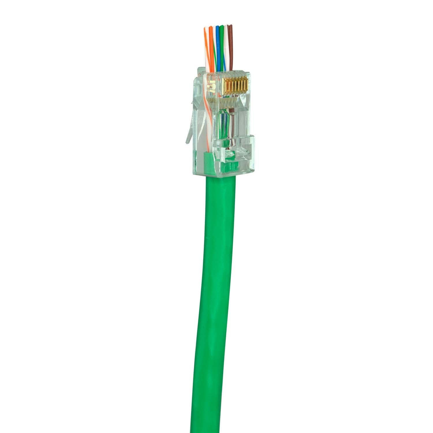 Simply45 Unshielded Pass-Through RJ45 Modular Plugs for 23AWG Solid (Cat6 UTP), 26-24AWG Stranded (Cat5e/6 UTP Stranded) - Green Tint, 100 Piece Jar - S45-1600