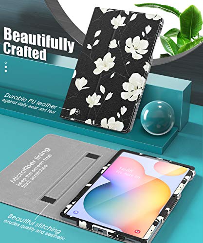 MoKo Case Compatible with Galaxy Tab S6 Lite 2020, Slim PU Tablet Shell Cover Stand Case with Auto-Wake S-Pen Holder Fit Samsung Galaxy Tab S6 Lite 10.4 2020 SM-P610/P615 ONLY - Black & White Magnolia